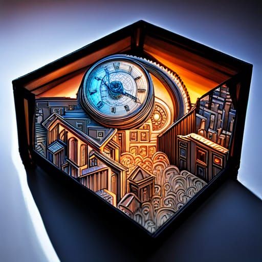 a miniature clock world in a box - AI Generated Artwork - NightCafe Creator