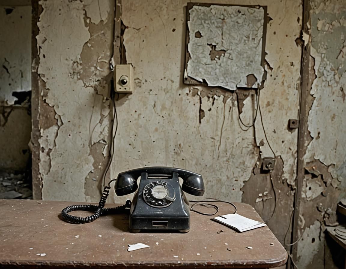A dusty black dial up telephone on a table in a decrepit room - AI ...