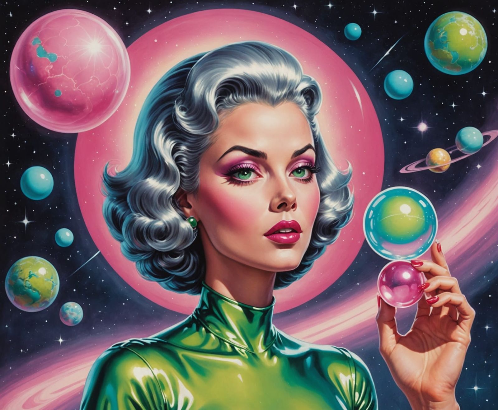 Glamorous Alien Pin-Up in Cosmic Chic - AI Art