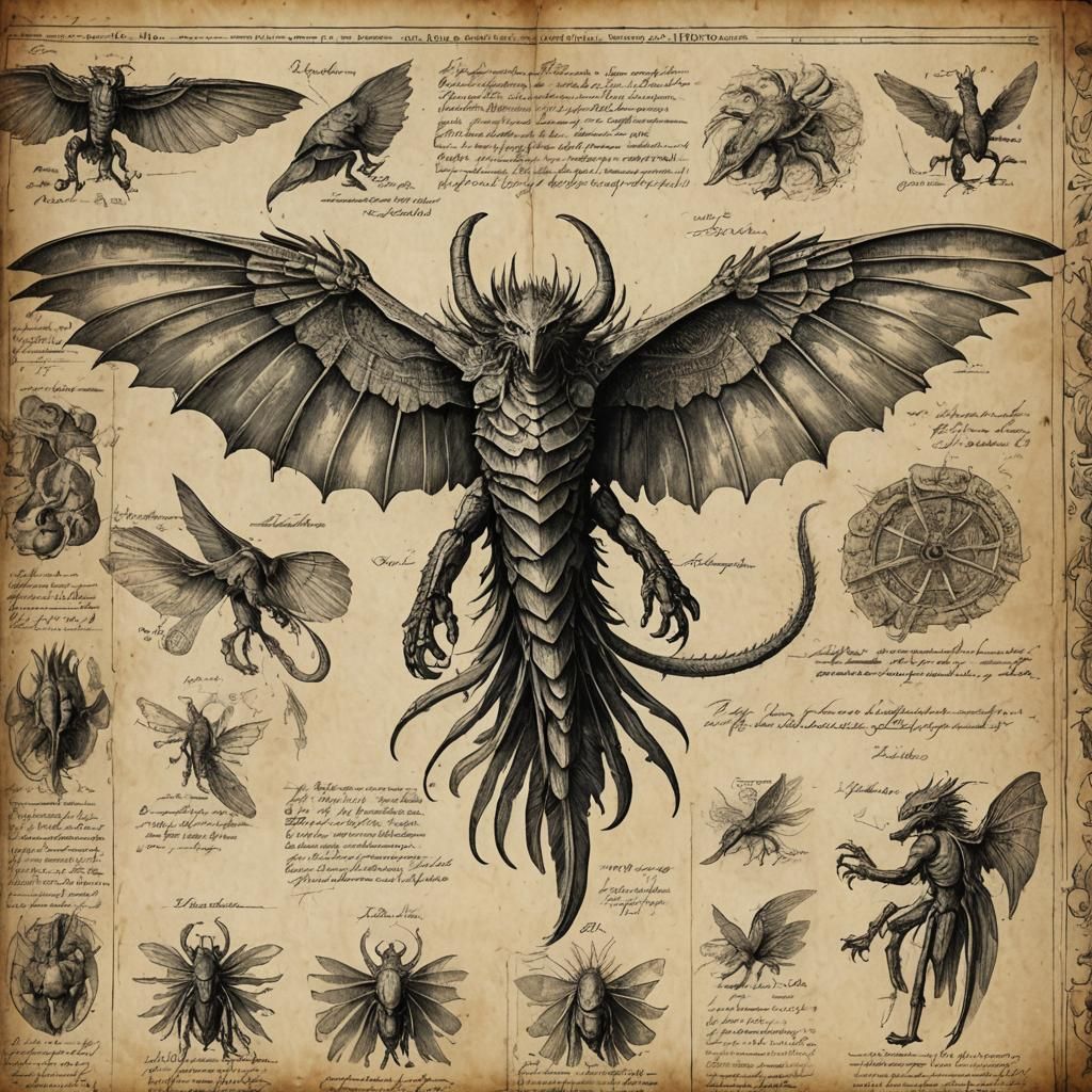 Weathered and aged old paper page featuring ancient monsters anatomy ...