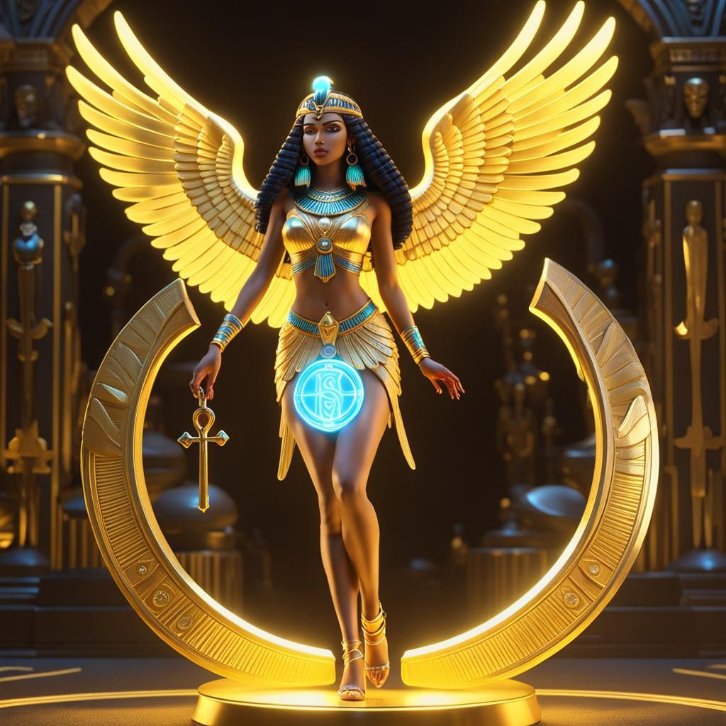 Hyperereal dof volumetric lighting, translucent cute Egyptian Goddess Isis girl playing with a ...