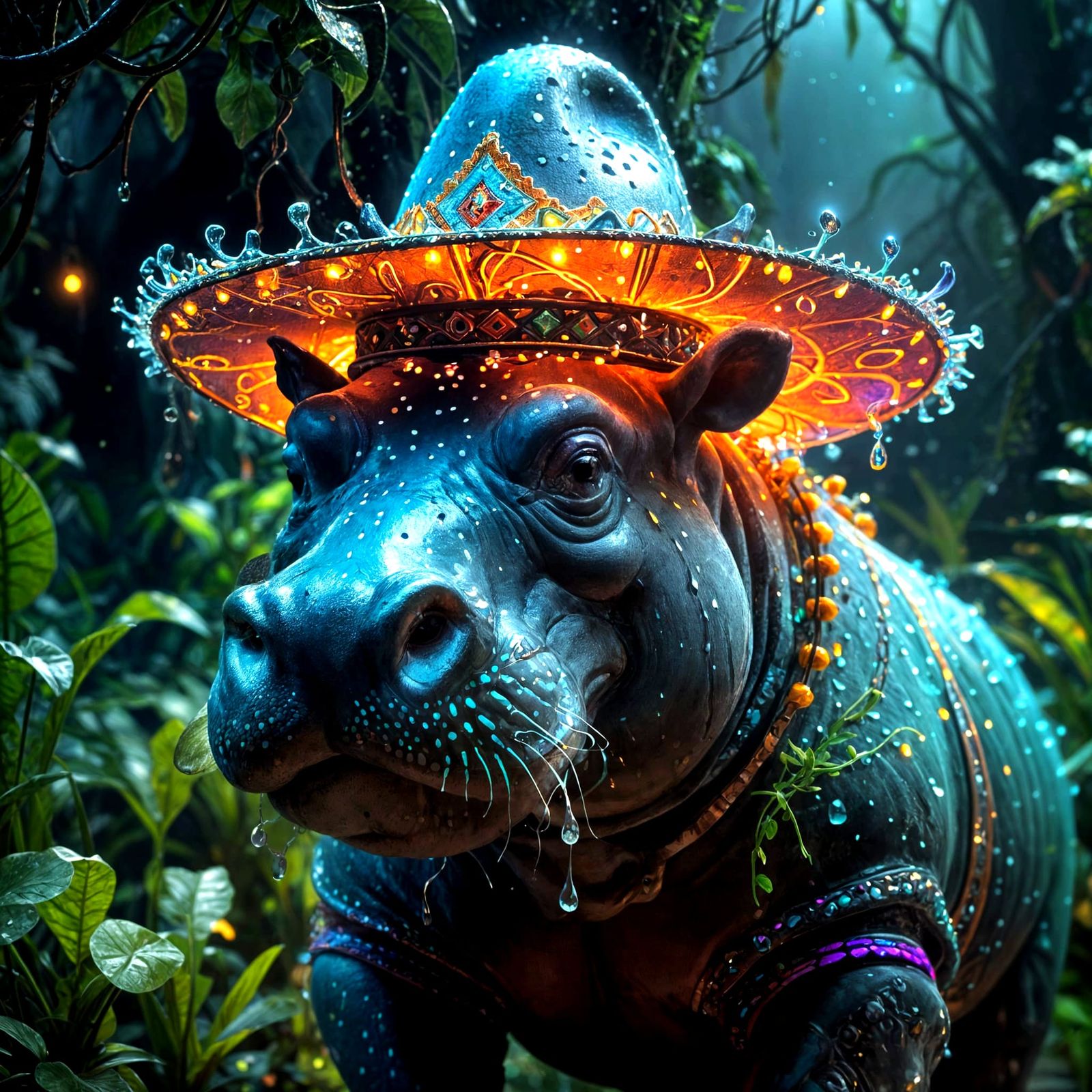 Creative sombrero - Fluorescent Hippo with Sombrero in Deta...