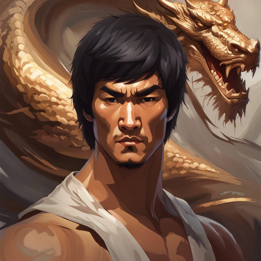 Bruce Lee as an ancient warrior fighting a dragon - AI Generated ...