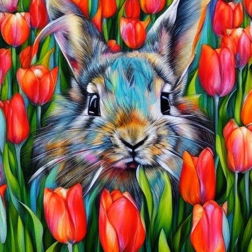a tiny bunny in between rows of tulips, realistic small rabbit hiding ...