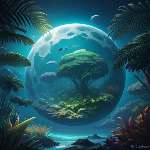 enchanted jungle creatures moonscape planets view, ocean by jungle