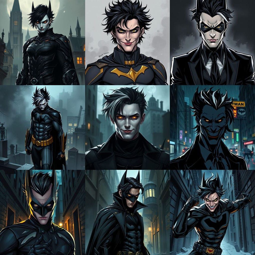 Vali Ravenclaw as a male Batman character with black and white hair and ...