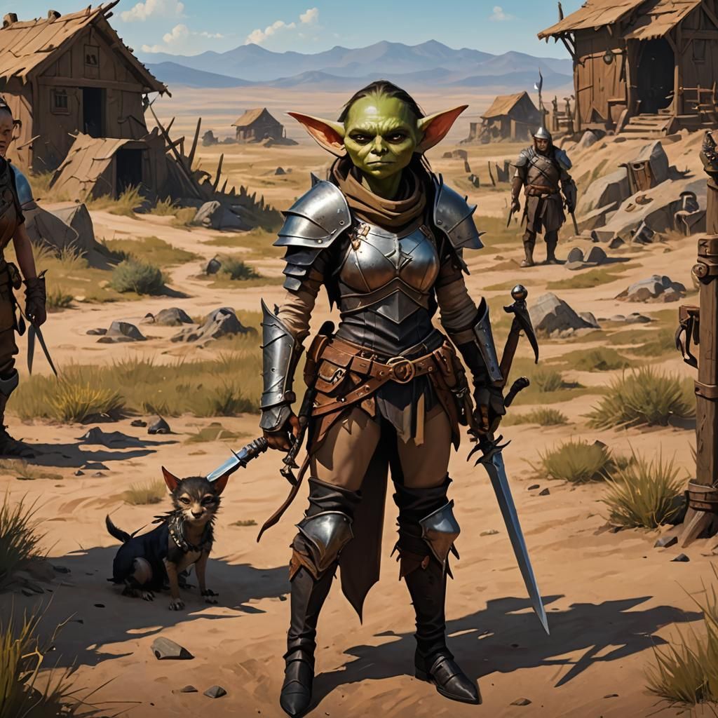 Fullbody Portrait of A young goblin Huntress wairing leather armor and ...