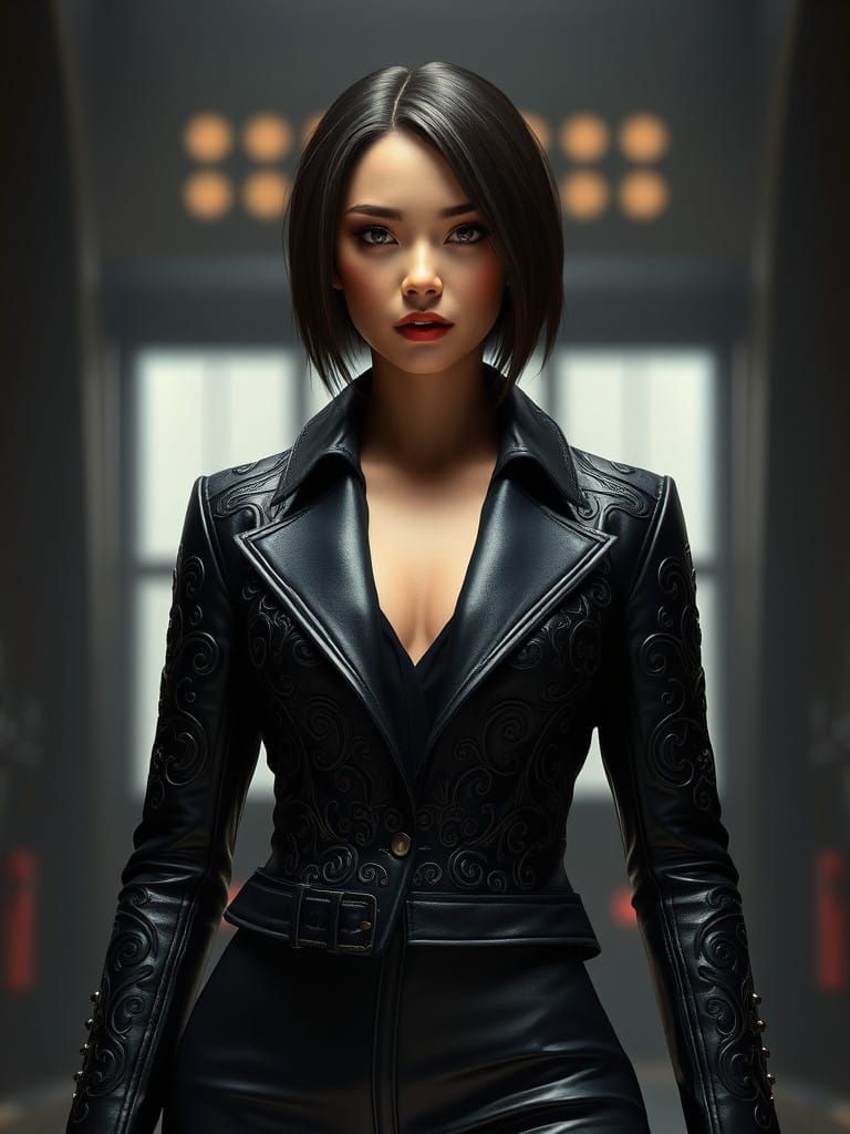 Dramaticlly poised of A lady wearing only leather jacket. The suits is ...