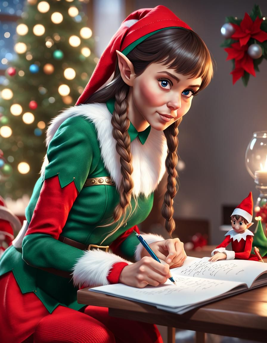 A Beautiful (female elf on the shelf:1.3) writing a report to Santa ...