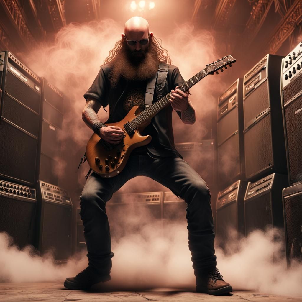 stoner doom heavy metal guitarist with bald head and huge beard playing ...