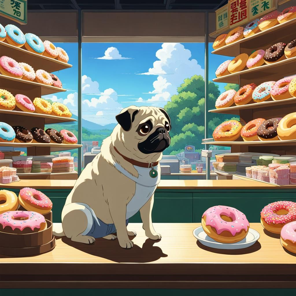 Pug, cashier, at donut shop - AI Generated Artwork - NightCafe Creator