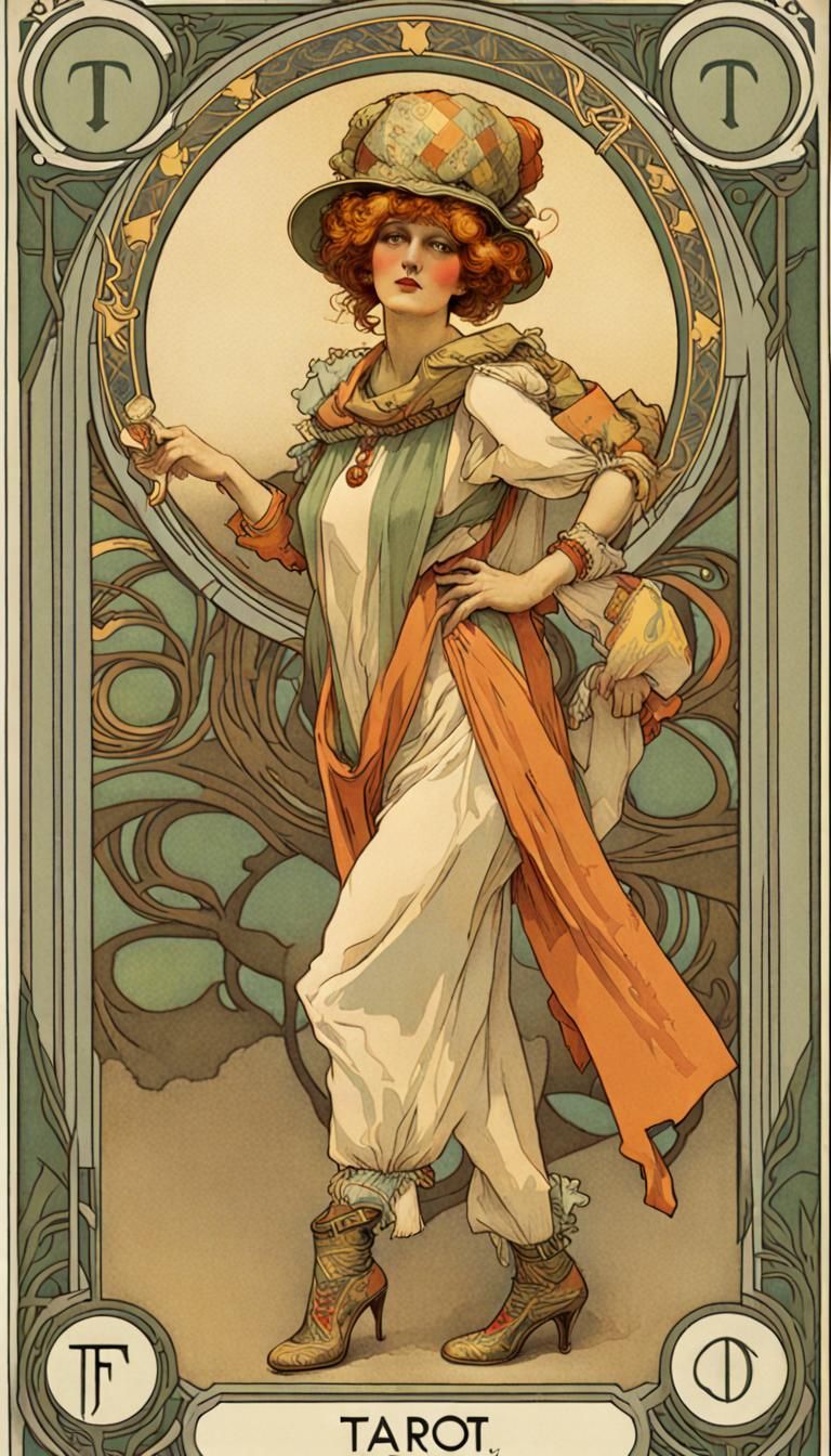 Alphonse Mucha, Tarot, The Fool Tarot card, female fool in a jesters ...