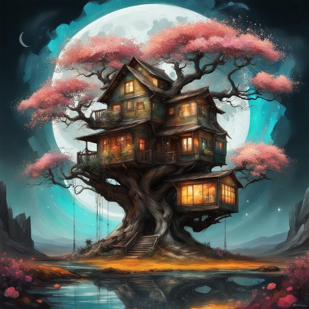 Moonlight Treehouse - AI Generated Artwork - NightCafe Creator