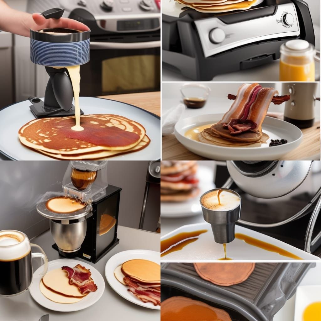 create a weird-looking machine invention that is pumping out pancakes ...