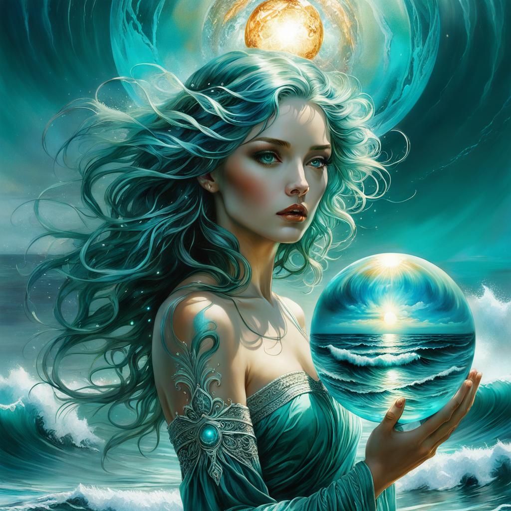 Ocean Orb - Ocean Goddess with Glowing Orb in Watercolor Sty...