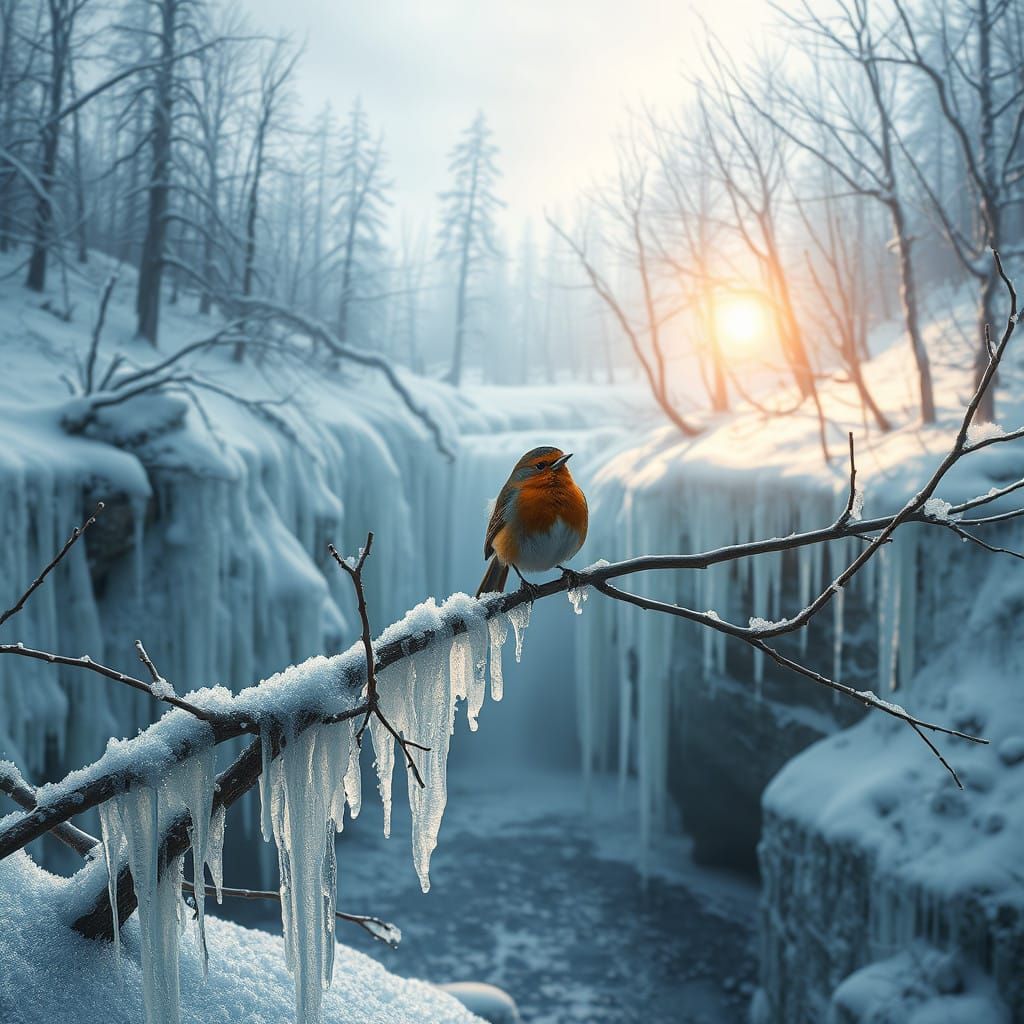 A robin sitting on a branch covered in ice and snow, a frozen waterfall ...