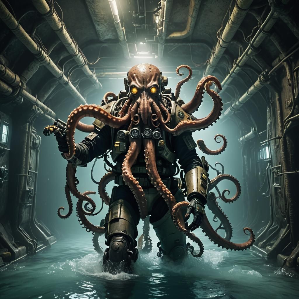 octopus wearing power armor in submerged arctic deep water tunnel ocean ...