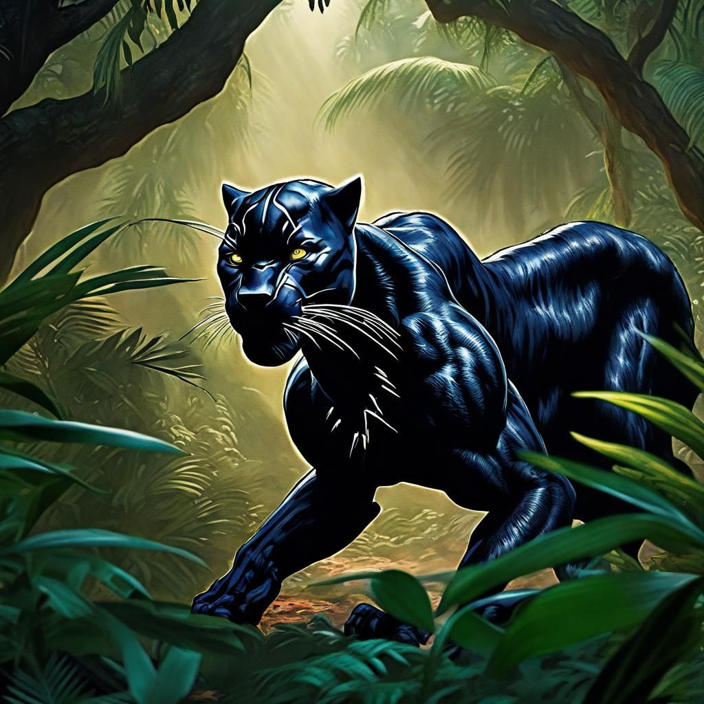 Black Panther slinking through the jungle, silent, menacing, ferocious ...