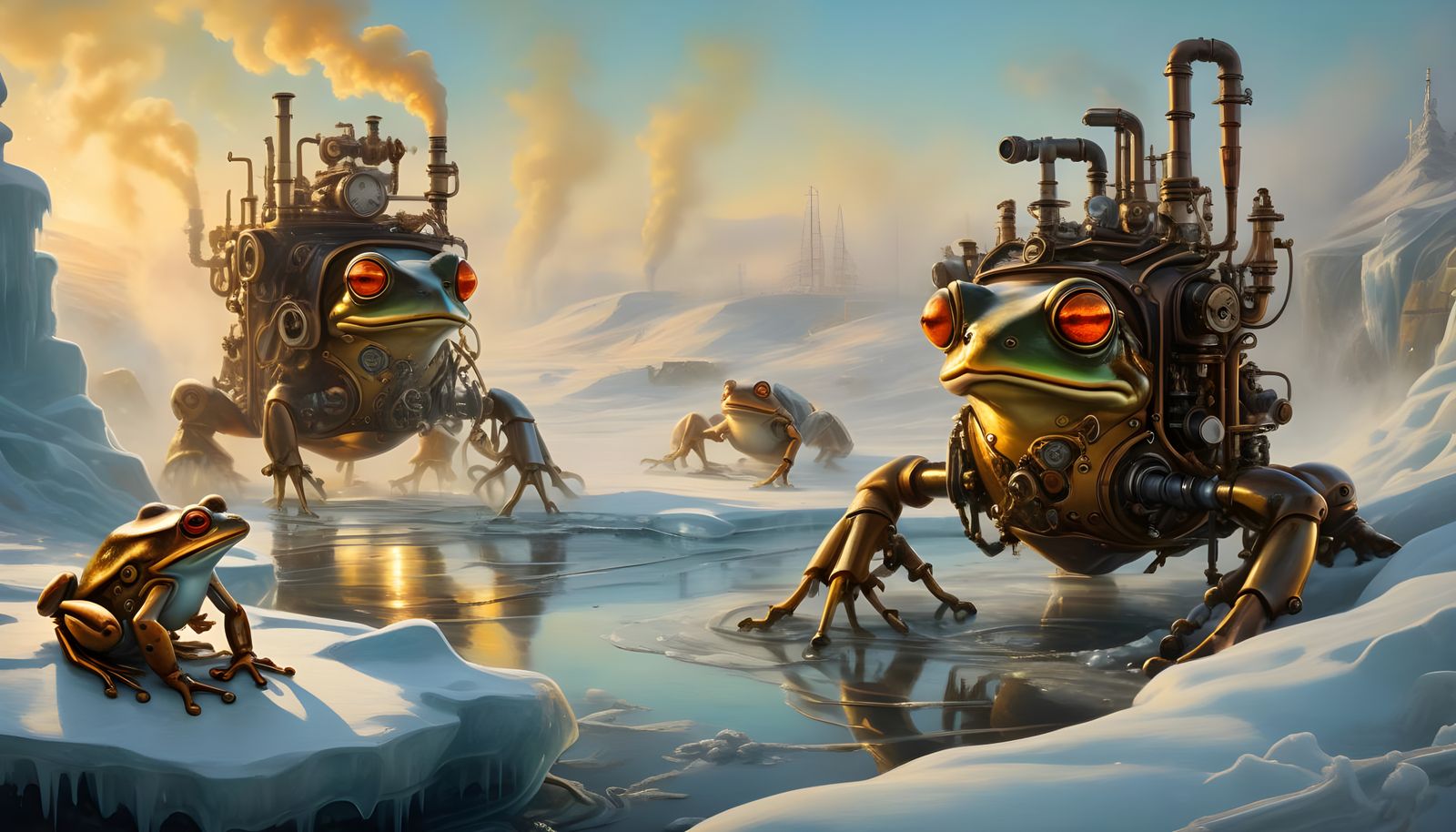 Steampunk cyborg frogs spend a sunny winter day at the foot of a mighty ...