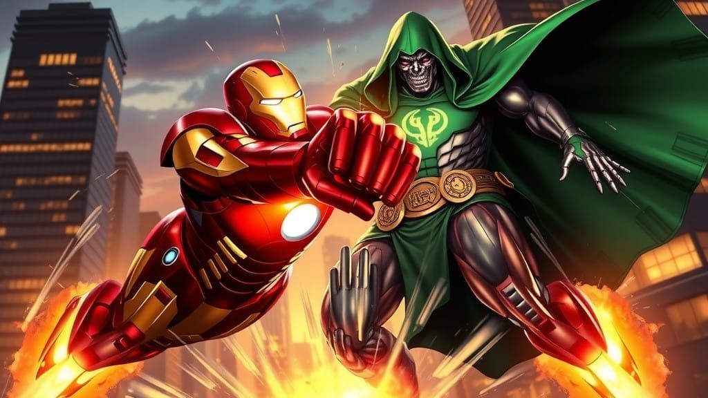 A dynamic poster showcases Iron Man and Dr. Doom in mid-battle, their ...