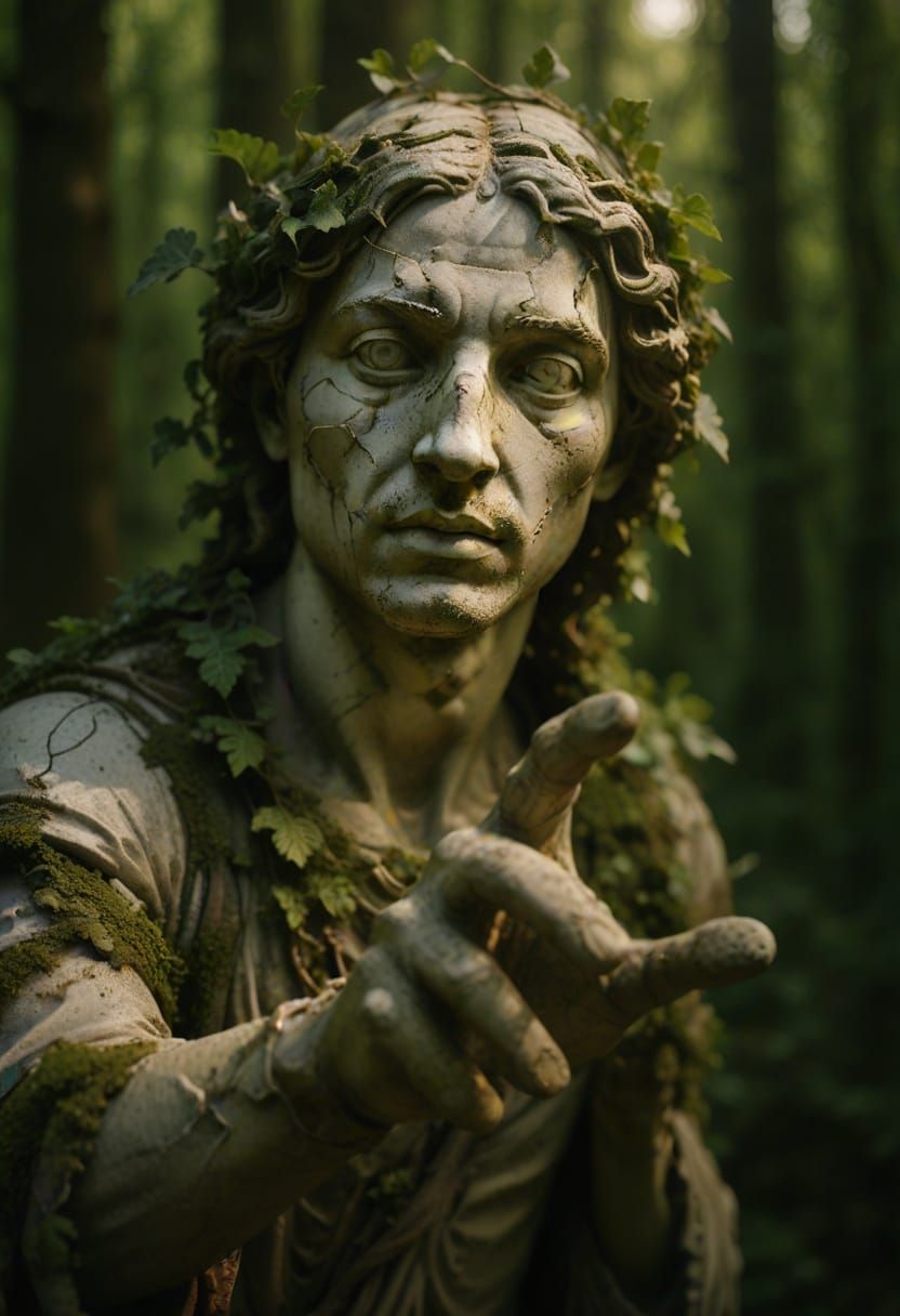 close up shot of a broken marble human statue reaching out, overgrown ...