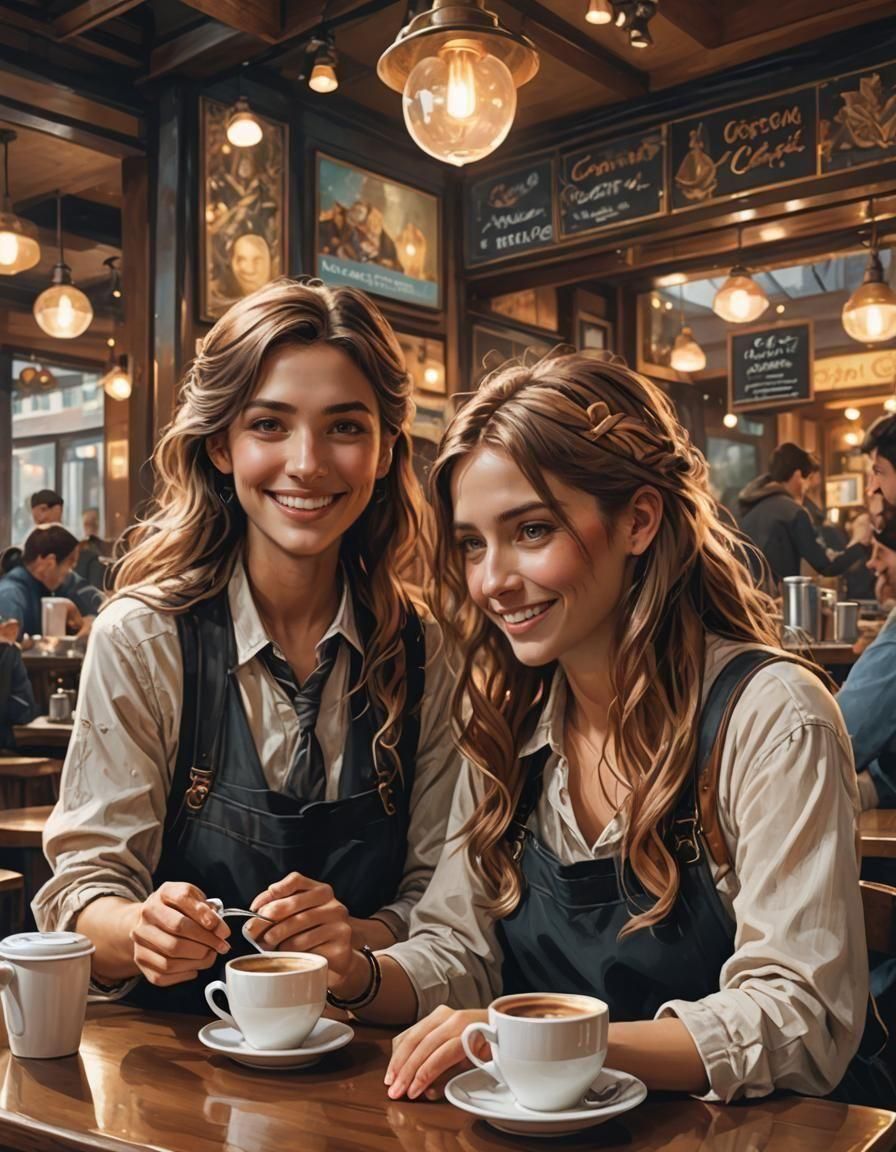 Besties and coffee bonding - AI Generated Artwork - NightCafe Creator