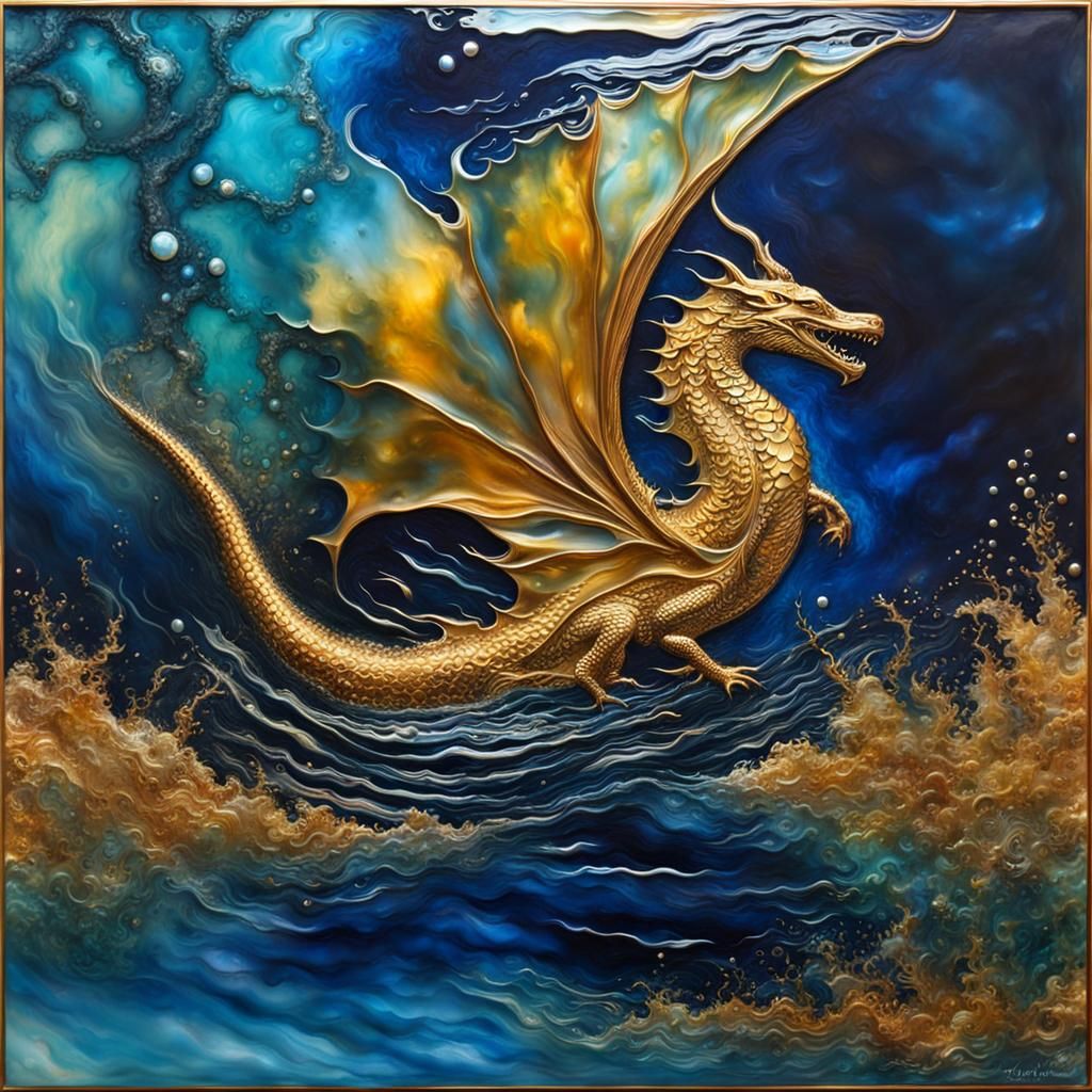 Beautiful encaustic painting of a dragon landing in a lake, Alcohol ink ...