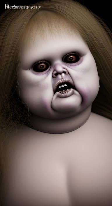 Photograph portrait of a Creepy Obese soul-less cursed porcelain doll ...