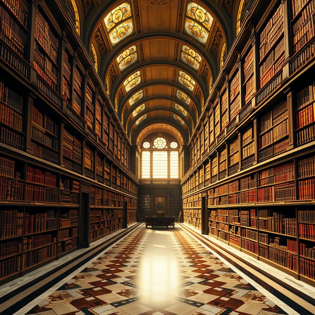 Ancient manuscripts - Grand Baroque Library with Illuminated...