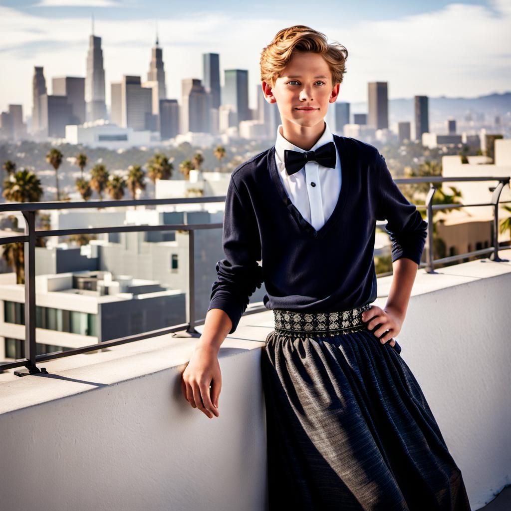 Cute boy wearing a chique outfit featuring a maxi skirt relaxing on a ...