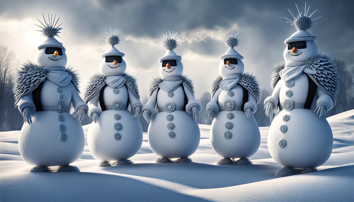 a group of five snowmen standing in the snow, in the style of gothic ...