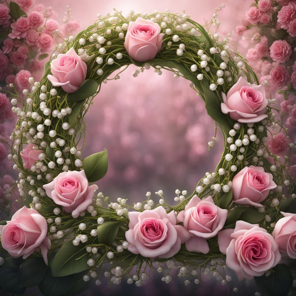 Spring wreath made of pink roses and lily of the valley flowers. - AI ...