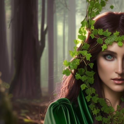 Beautiful Celtic priestess dressed in green velvet dress, in a mystical ...