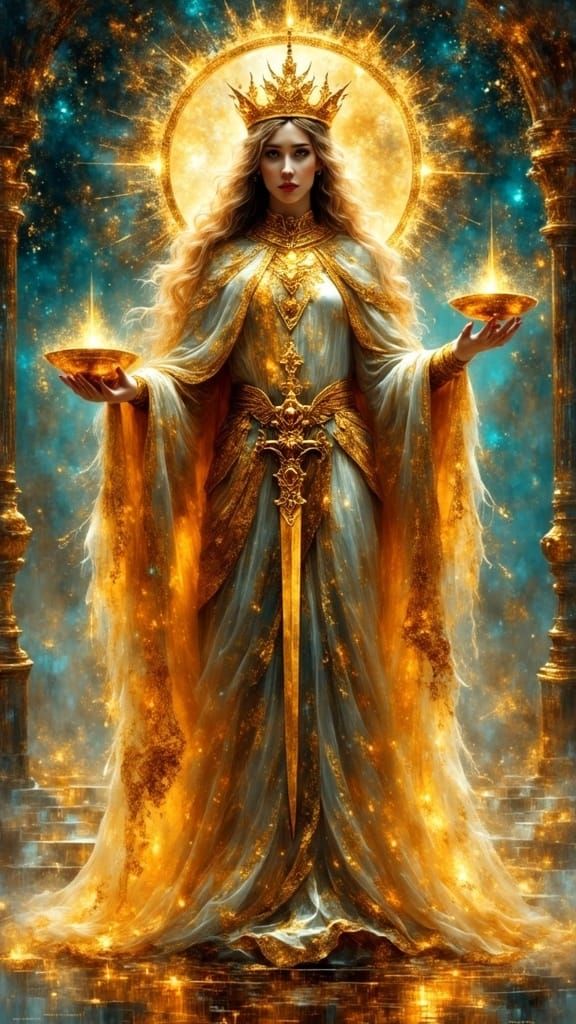 A celestial judge stands before an ethereal temple, their robes glowing ...