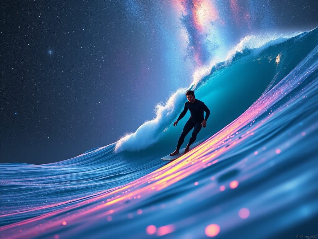 Hang 10 + Infinity - Surfer on a Cosmic Wave in Vibrant, Eth...