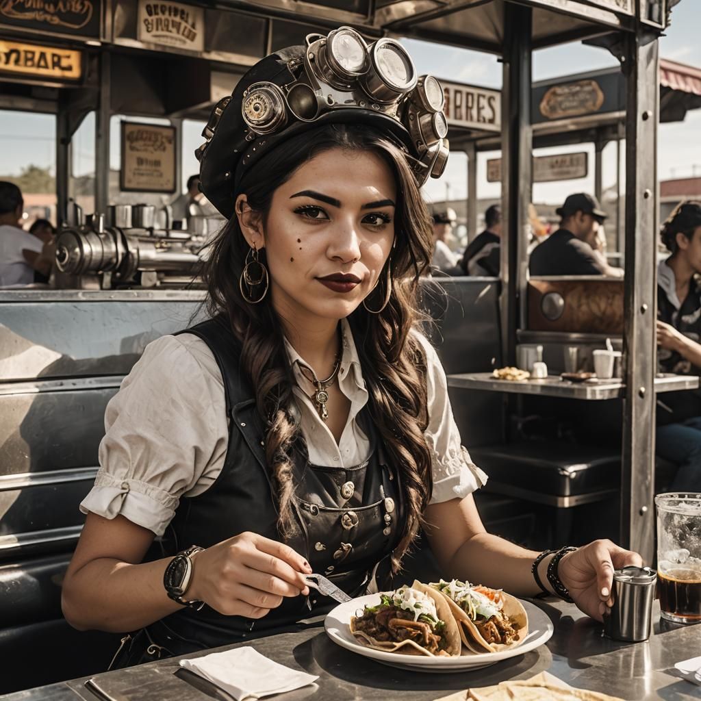 A young Mexican woman eats tacos at an NJ diner and wears steampunk ...