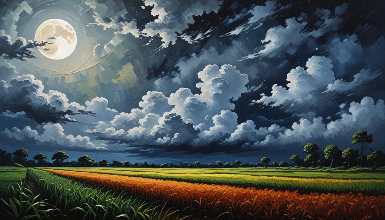 Rice fields on a stormy full moon night