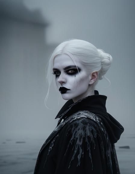 female goth fashion model. snow. ice. icebergs. fog. smoke. goth ...
