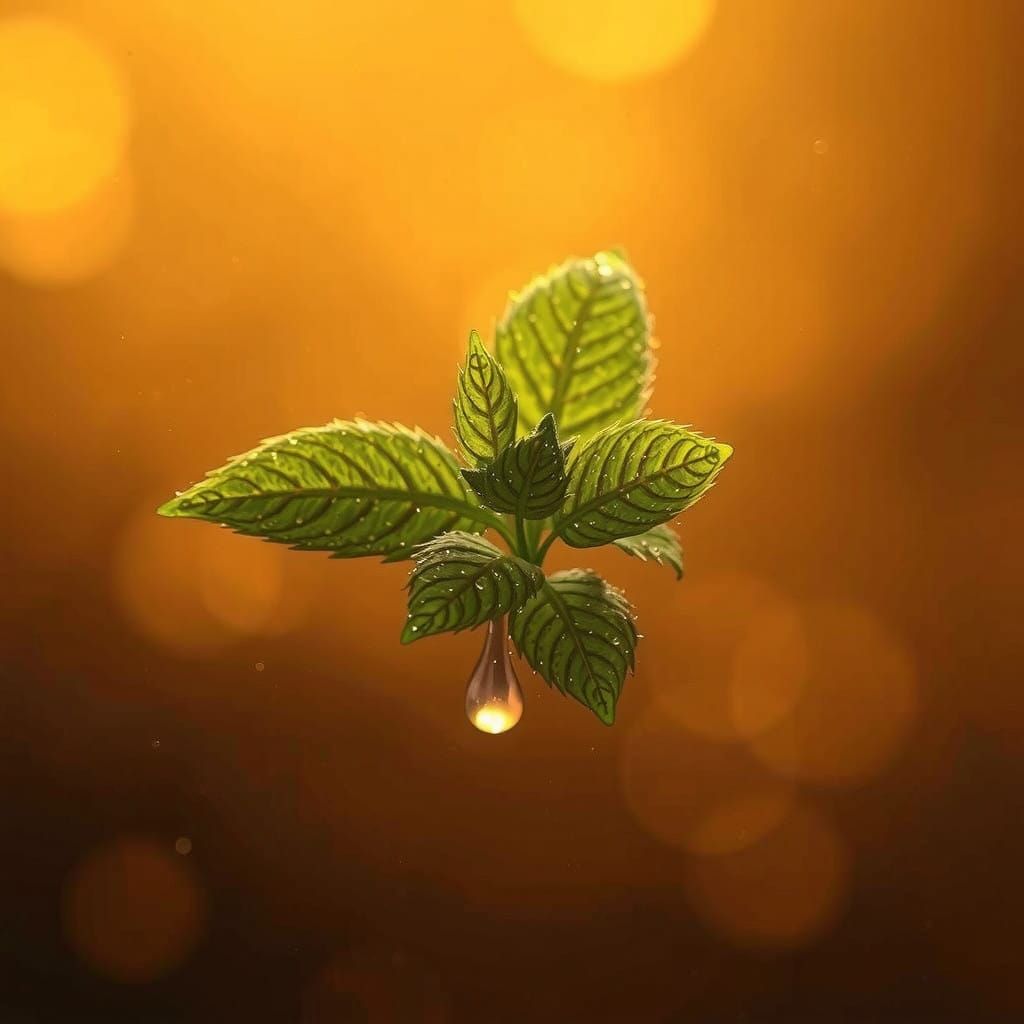 Dewy Mint Sprig Radiates Ethereal Oil Droplet - AI Art