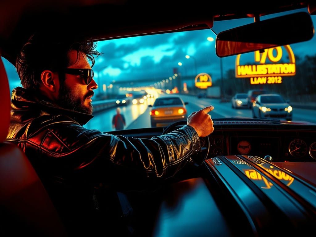 Gritty Film Noir Driver Speeds Down Rainy Highway ... - AI Art