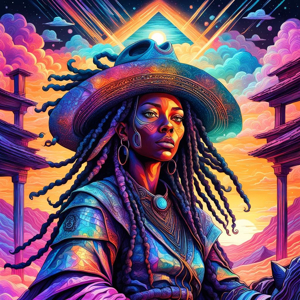 Scary cryptic house. Sunsetting. Mysterious melanted cowgirl woman with ...