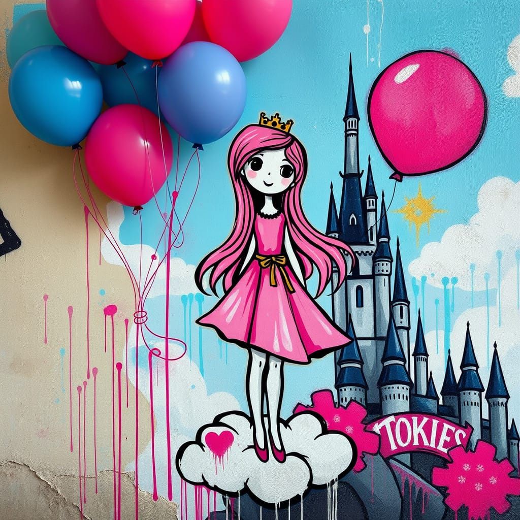 Graffiti Princess in Vibrant Cloudscape - AI Art