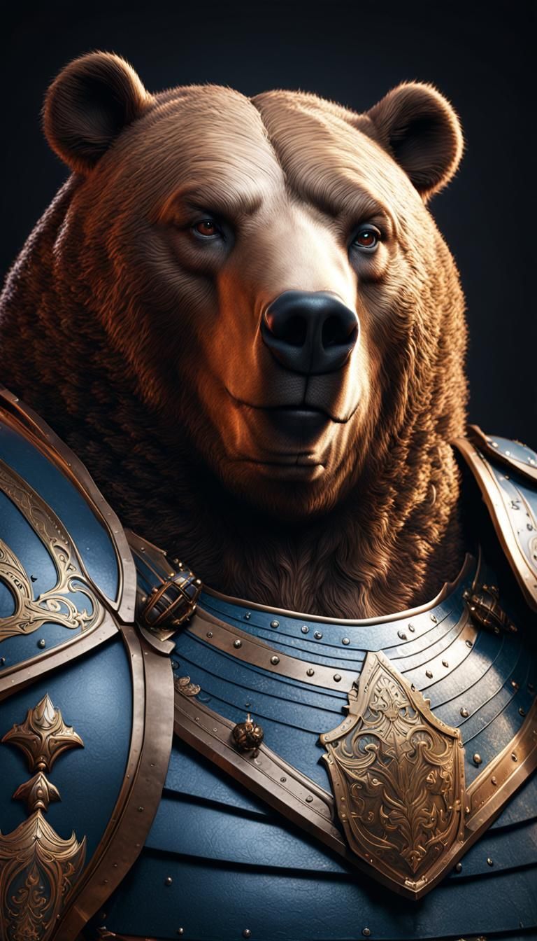 head and shoulders portrait of an Obese Bear knight wearing ornate blue ...