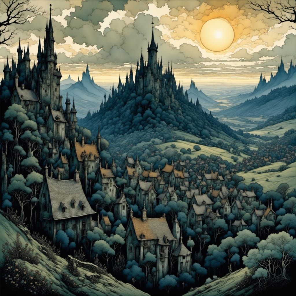 Whimsical Medieval Townscape in Noctilucent Hues - AI Art