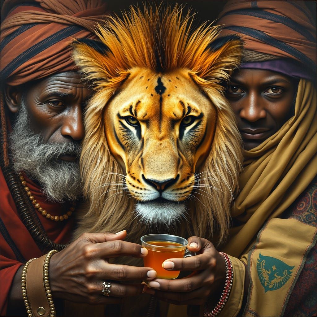 Surreal Lion Creature Enjoys Tea with African Hunt... - AI Art