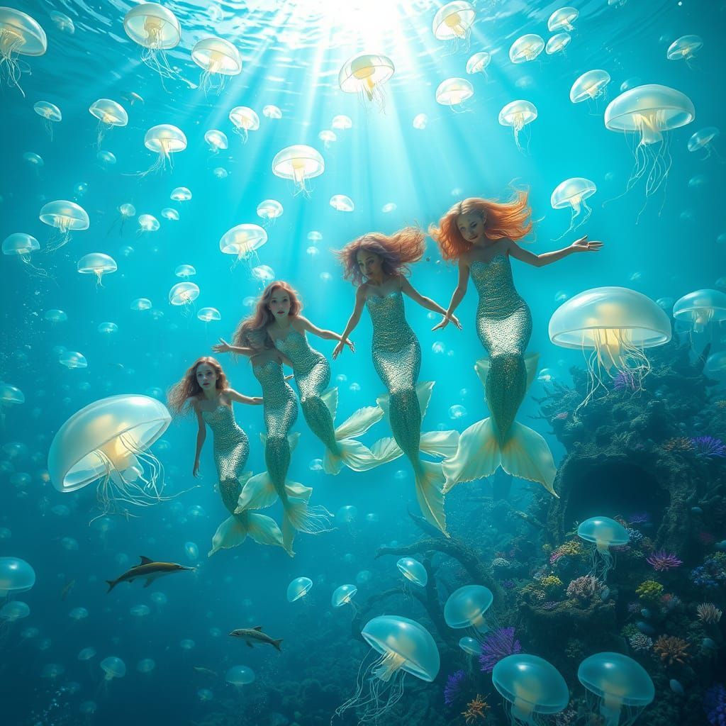A mesmerizing underwater world where a group of mermaids gracefully ...