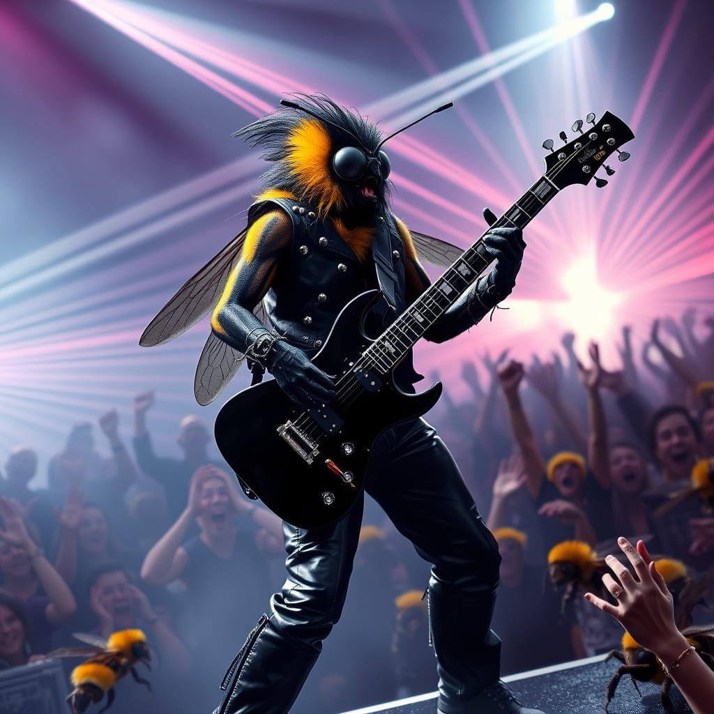 A humanoid bumblebee wearing black leather pants a... - AI Art