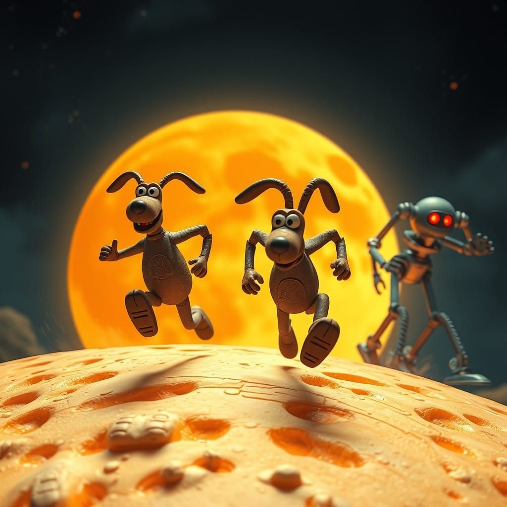 Wallace and Gromit Chase Robot Across Cheese Moon ... - AI Art
