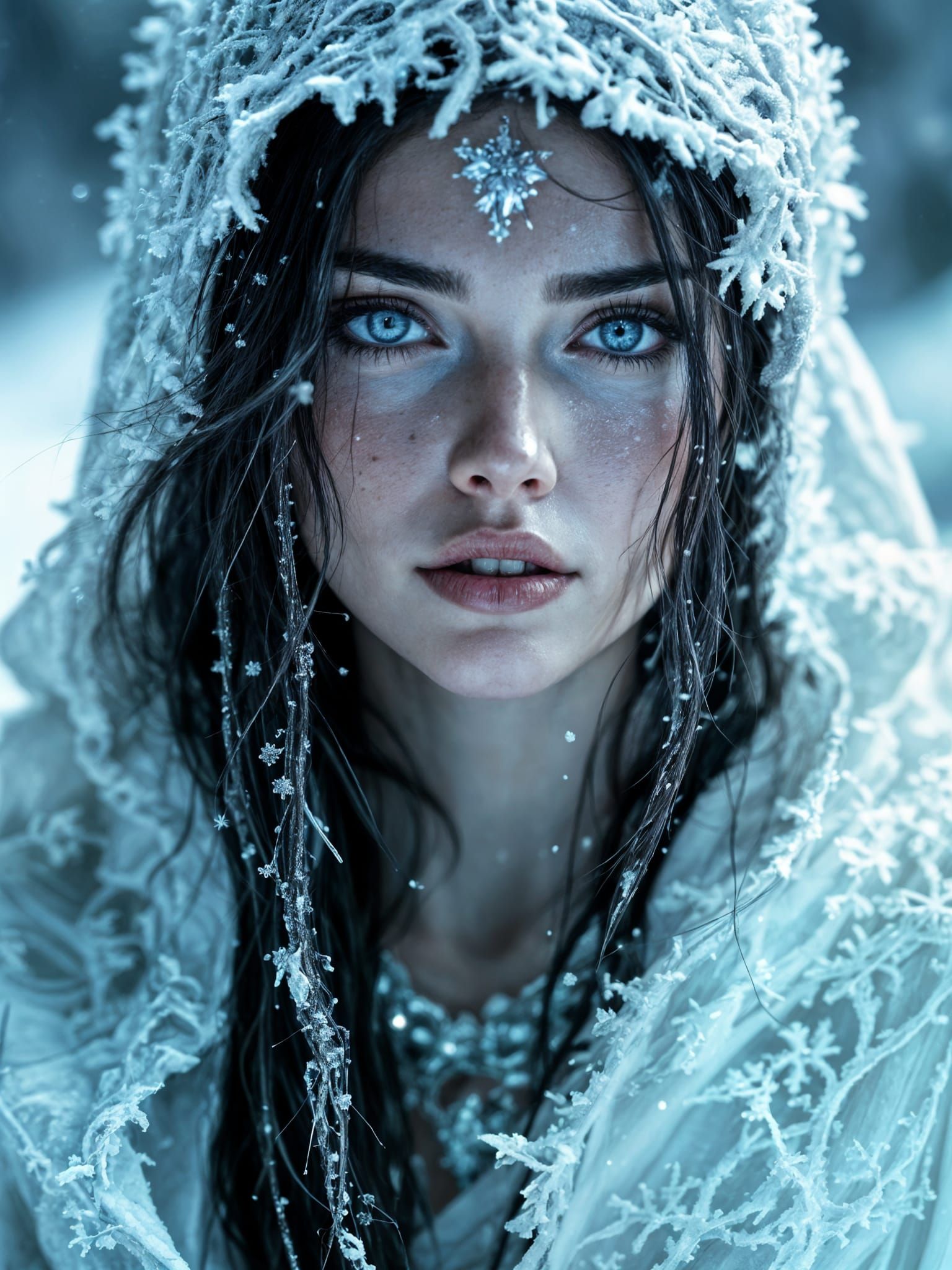 Hyper-Realistic Ice Witch Portraits in Vibrant Win... - AI Art