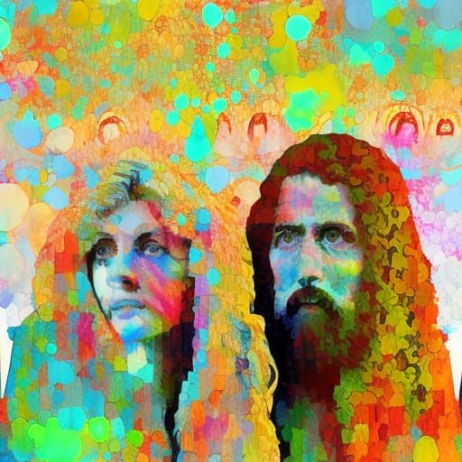 Groovy Hippie man and woman cinematic dramatic expressionism splash art ...